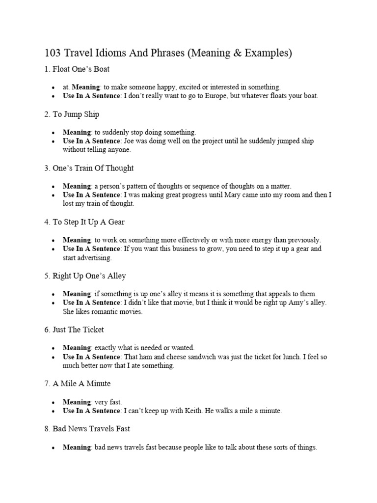 103 Travel Idioms and Phrases | PDF