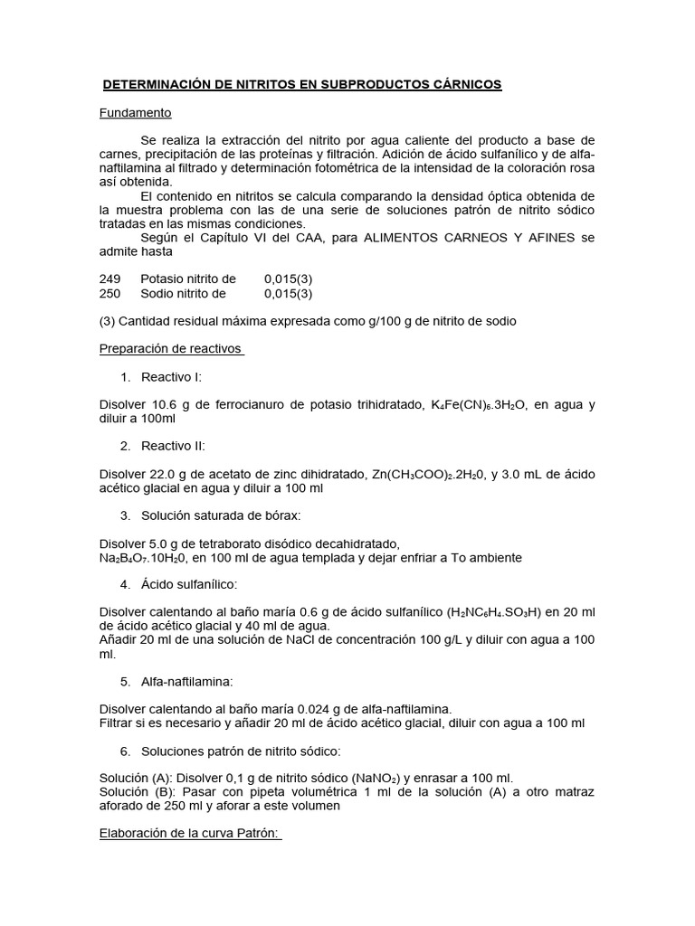 Determinación de Nitritos en Subproductos Cárnicos | PDF | Agua ...