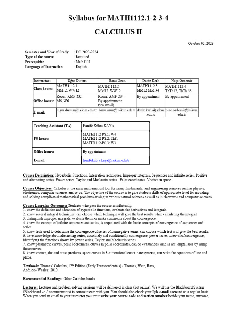 Calculus II Syllabus Fall 2023 | PDF | Integral | Power Series