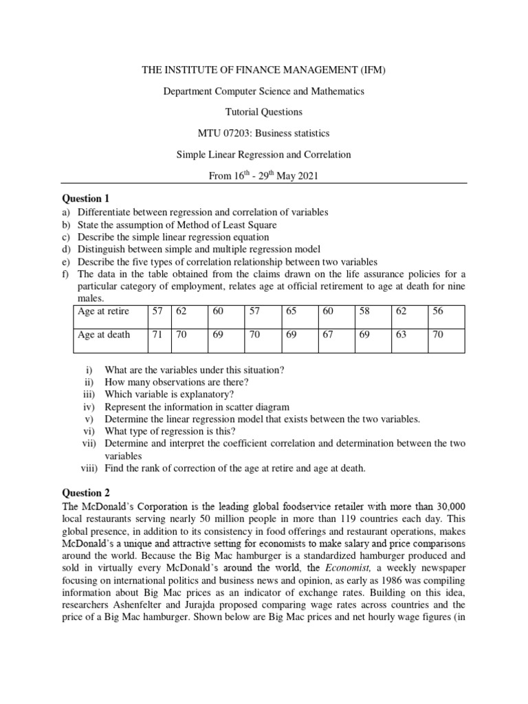 Tutorial Questions 2021 | PDF | Regression Analysis | Linear Regression
