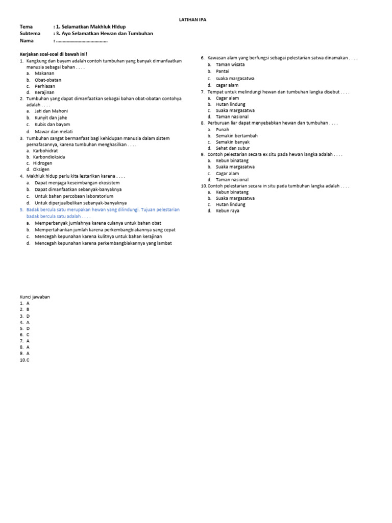 Tema: 1. Selamatkan Makhluk Hidup Subtema: 3. Ayo Selamatkan Hewan Dan Tumbuhan Nama | PDF