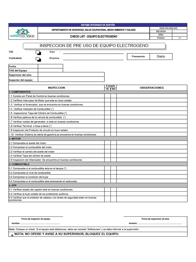 INNO-MIN-SSO-022 Check List Generador Eléctrico | PDF | Motores ...