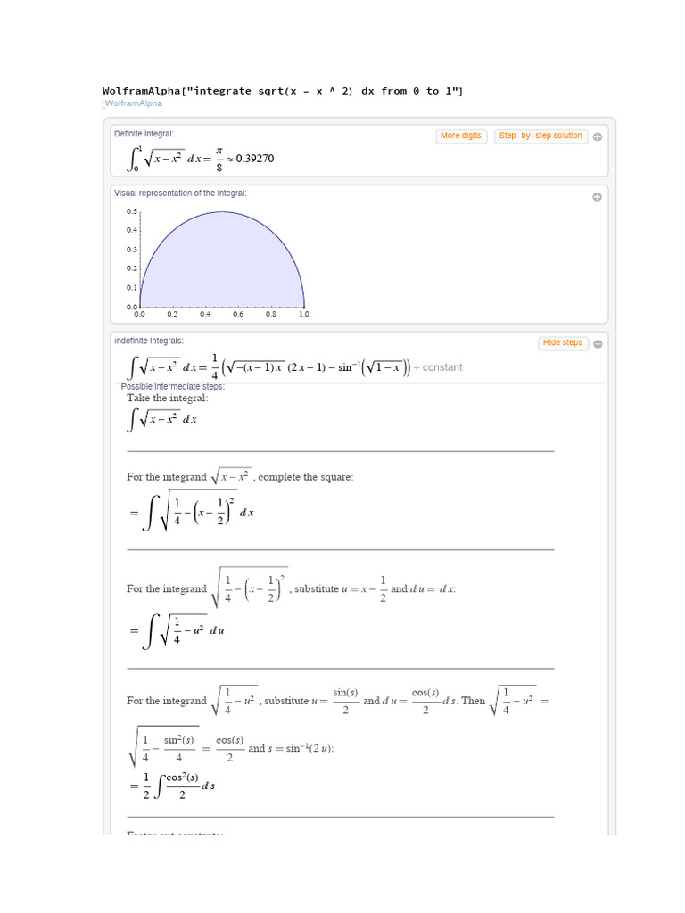 Integrate SQRT (X - X 2) DX From 0 To 1 | PDF
