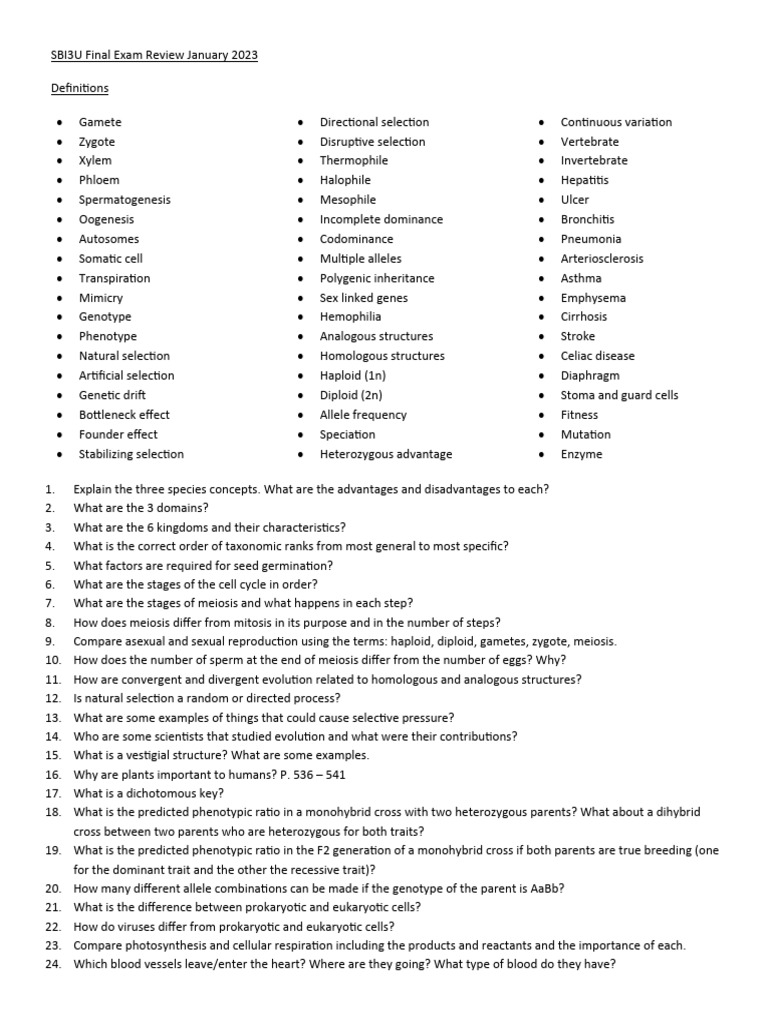 SBI3U Final Exam Review Guide | PDF | Ploidy | Dominance (Genetics)