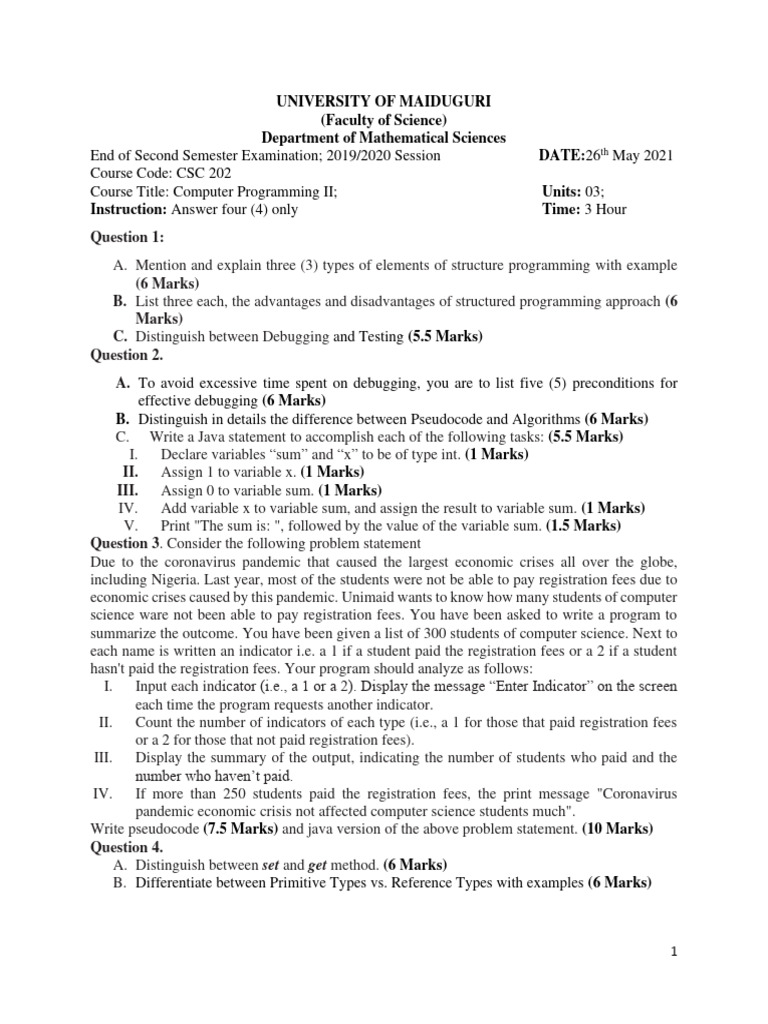 CSC 202 Exams 2019-2020 Final - Edited | PDF | Computer Programming | Debugging