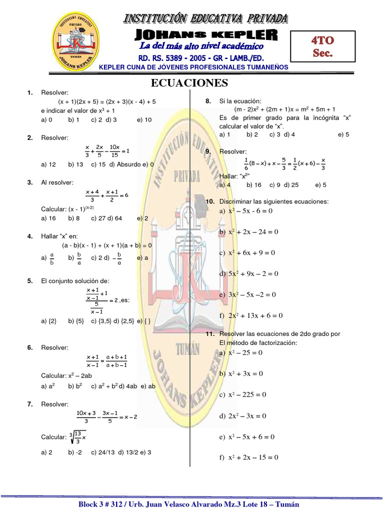Practica de Algebra 4to X | PDF | Ecuaciones | Matemáticas