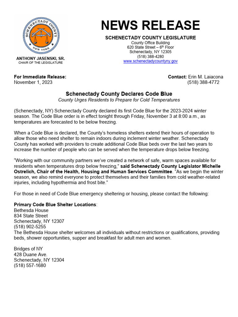 Schenectady County Declares First Code Blue | PDF | Hypothermia
