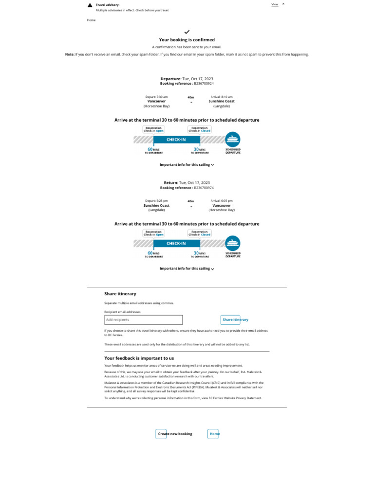 Booking Confirmation - BC Ferries (Oct 17, 2023) | PDF | Email Spam | Email