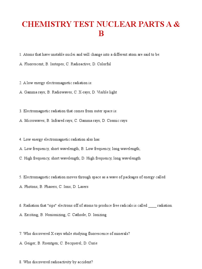 Chemistry Test Nuclear Parts A & B | PDF | Radioactive Decay | Atoms