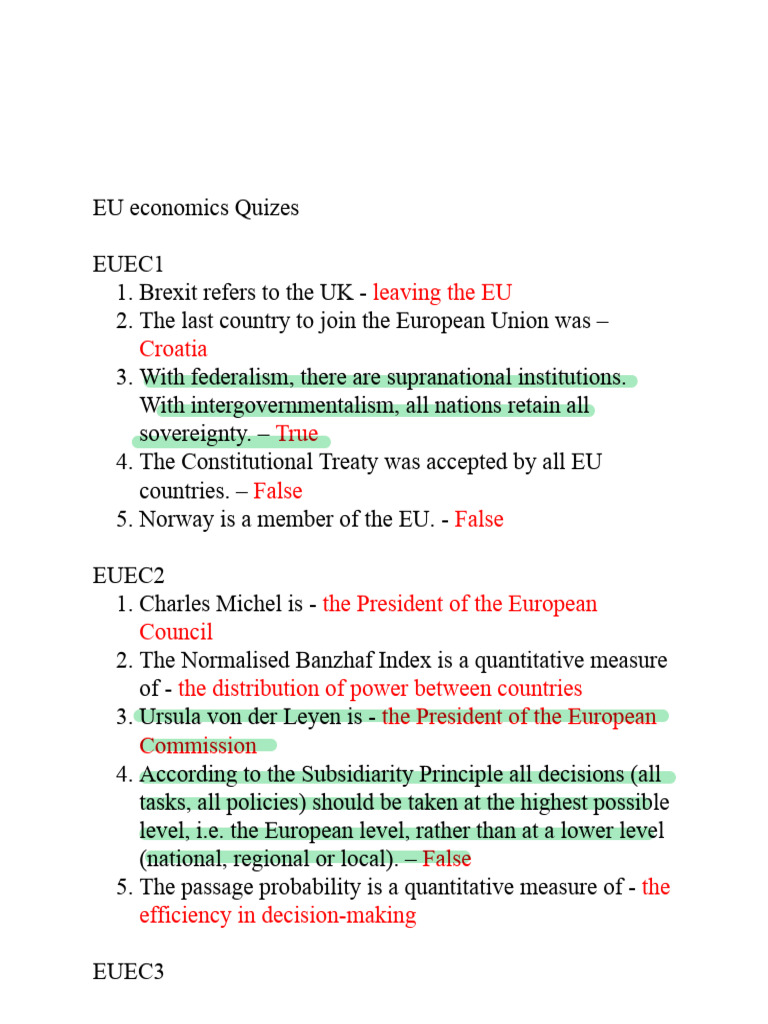 EU Economics Quiz Questions and Answers | PDF | Fiscal Policy ...