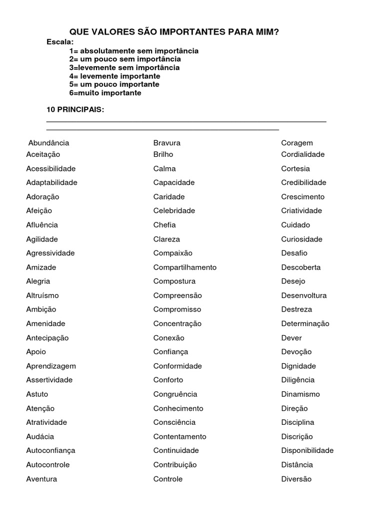Lista-De - Valores-Pessoais - NUMERAR | PDF | Cognição | Teorias ...