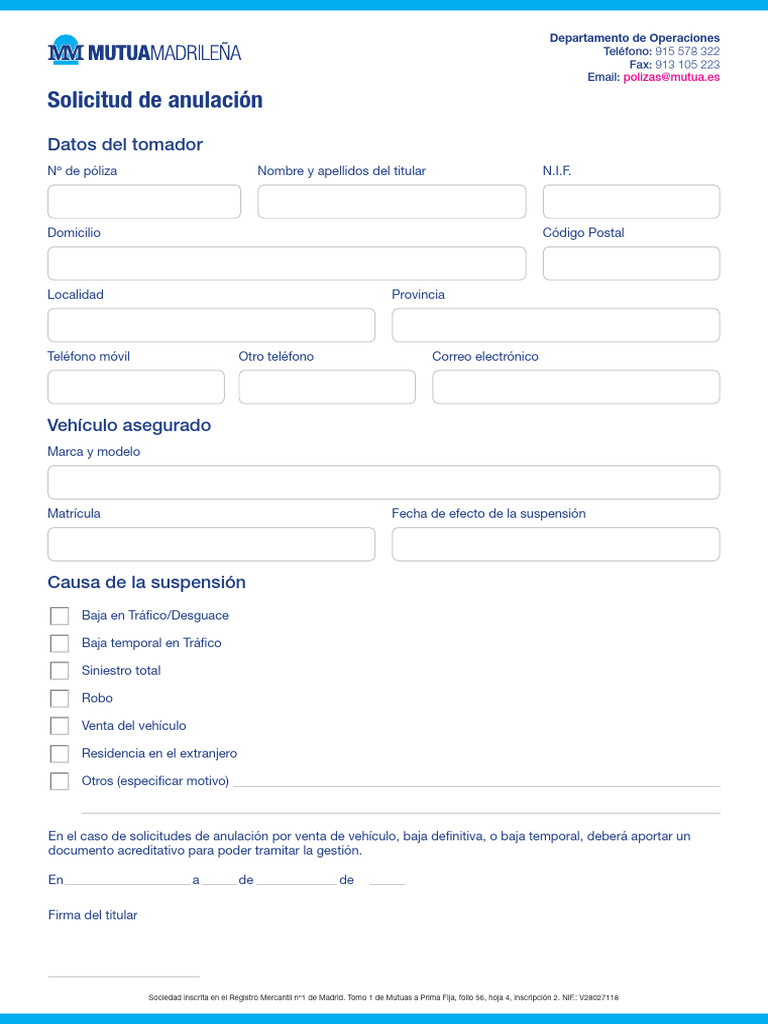 Formulario 210x297 ANULACIÓN PÓLIZA AUTO Mayo 2020 Editable | PDF ...