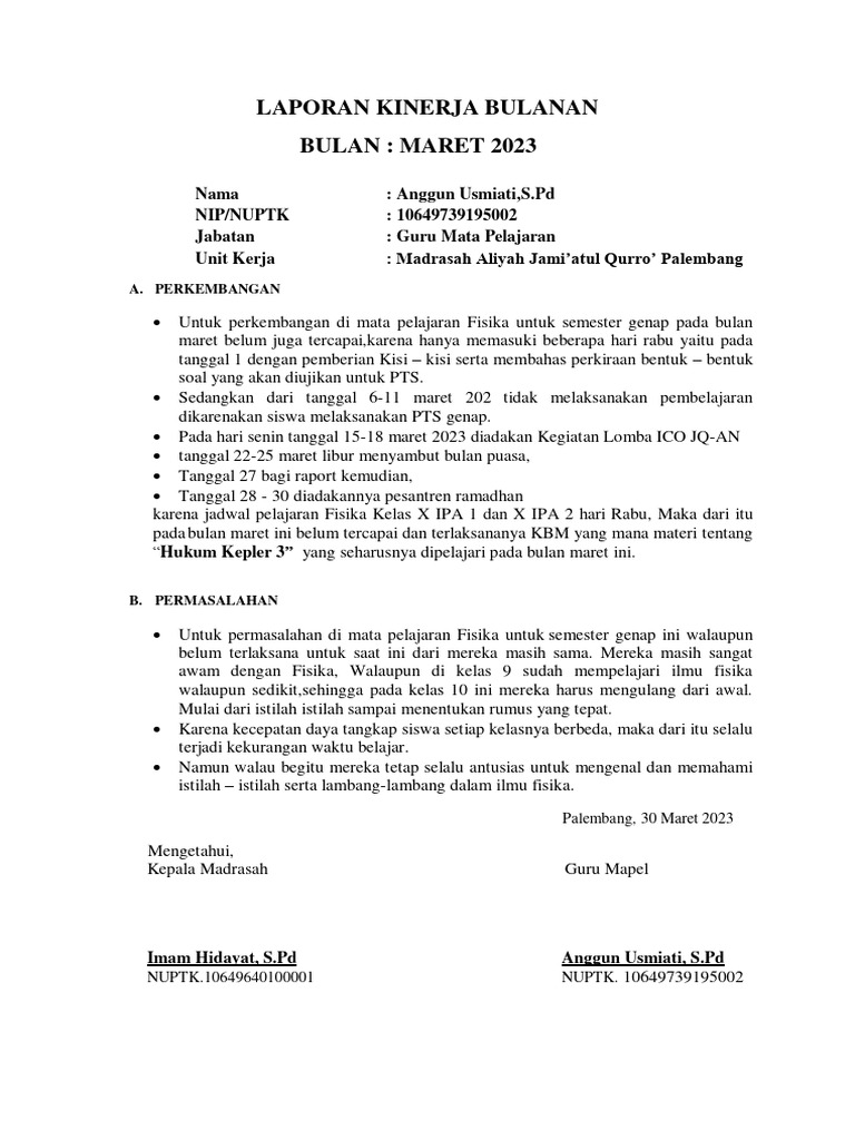 LAPORAN BULANAN Fisika MARET 2023 | PDF