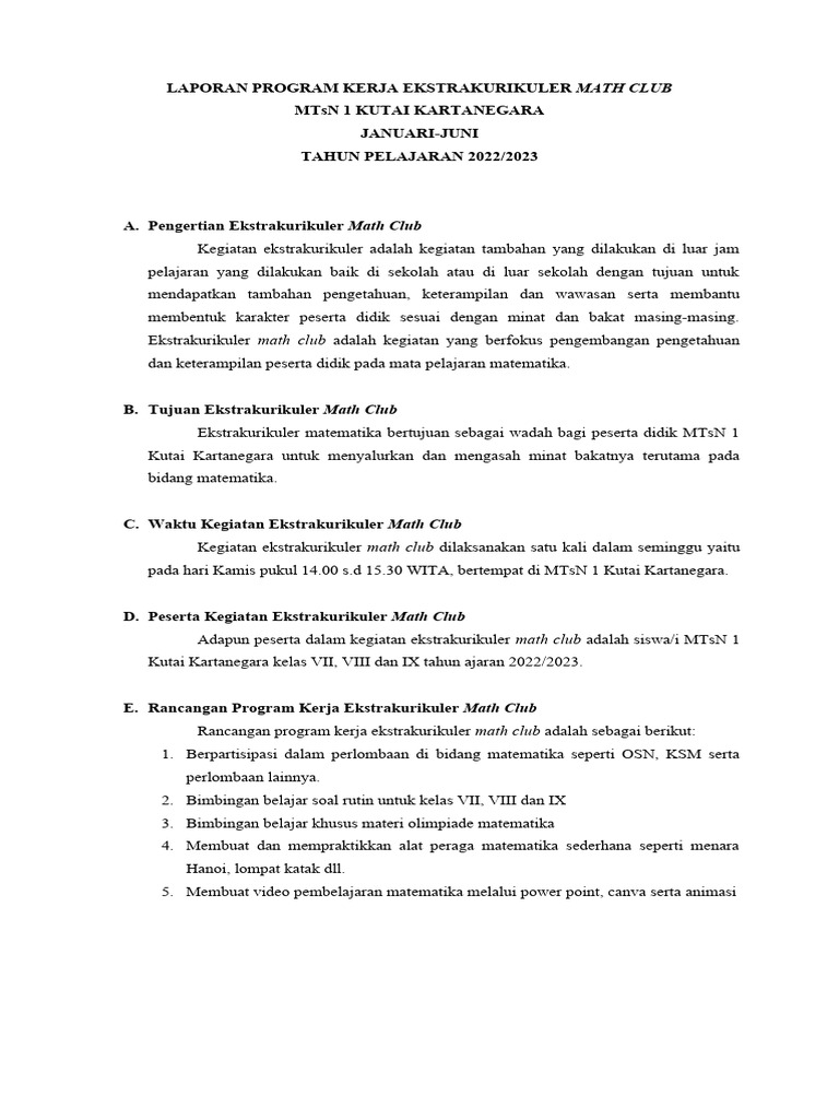 Rencana Program Kerja Ekstrakurikuler Math Club | PDF