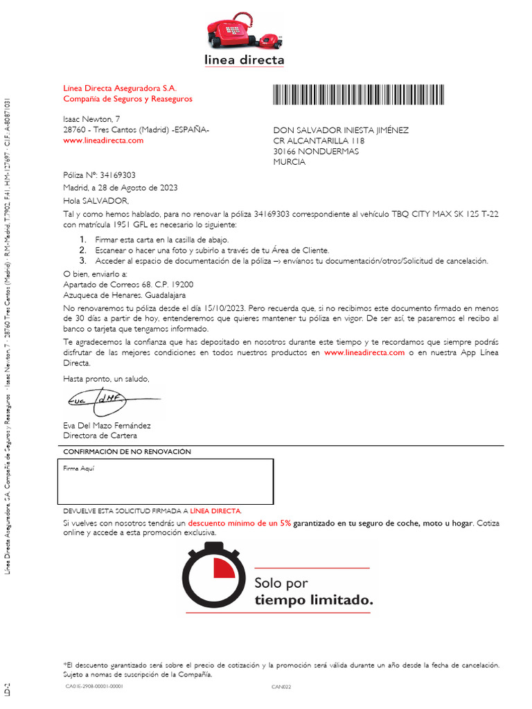 Carta No Renovacion | PDF | Póliza de seguros | Seguro Carta No Renovacion | PDF | Póliza de seguros | Seguro