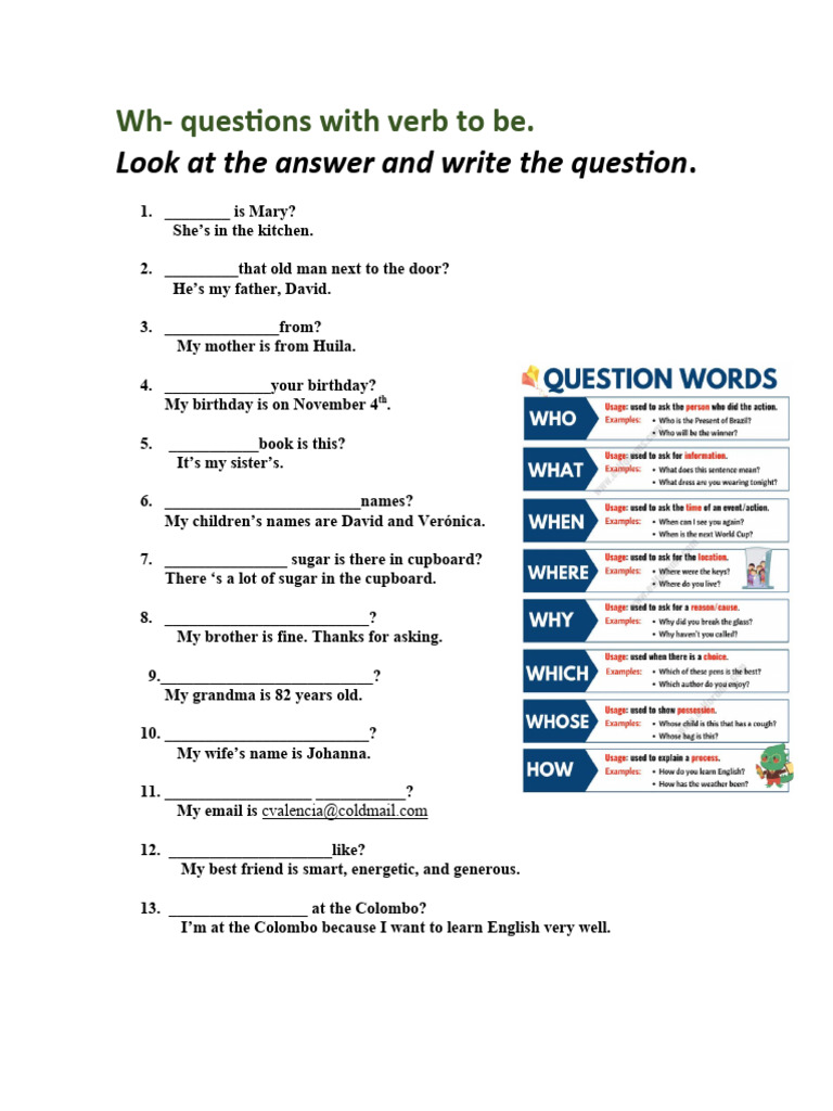 WH Questions with Verb "To Be" Exercises | PDF
