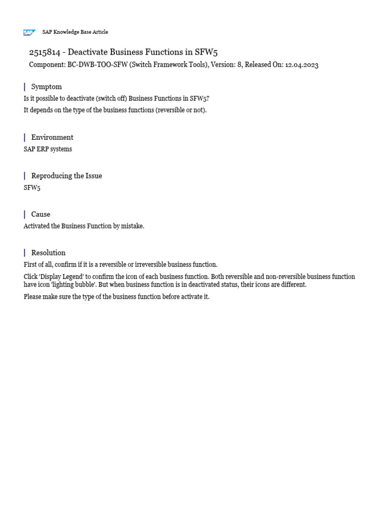 Deactivating Business Functions in SFW5 | PDF