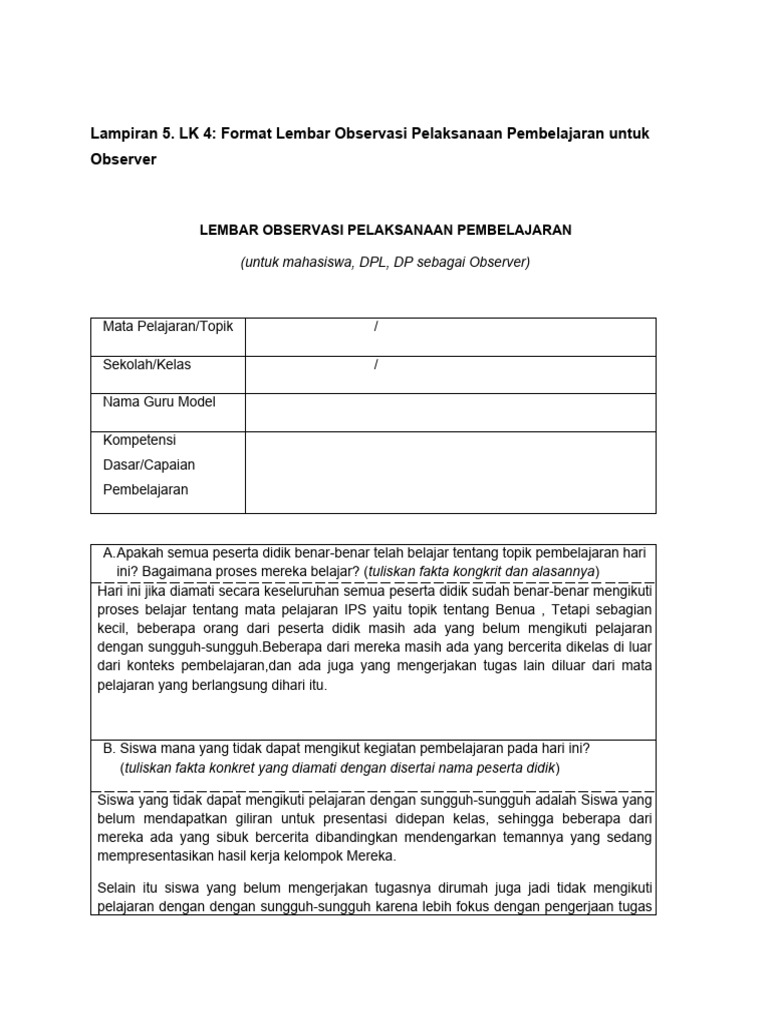 Lampiran 5. LK 4 Format Lembar Observasi Pelaksanaan Pembelajaran Untuk Observer-1 | PDF ...