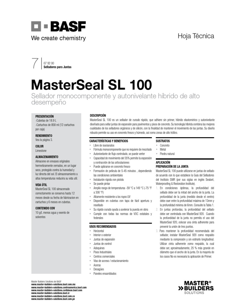 Basf-Masterseal-Sl-100-Tds-Sp Color Gris | PDF | Hormigón | Agua