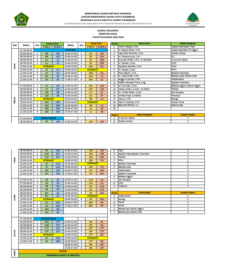Jadwal Pelajaran Ma Ganjil 2023-2024 | PDF