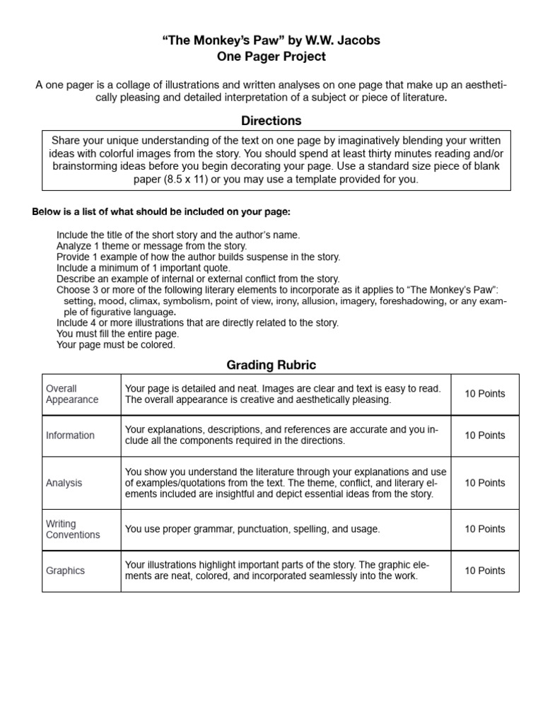 One Pager Project: The Monkey's Paw | PDF | Aesthetics | The Arts
