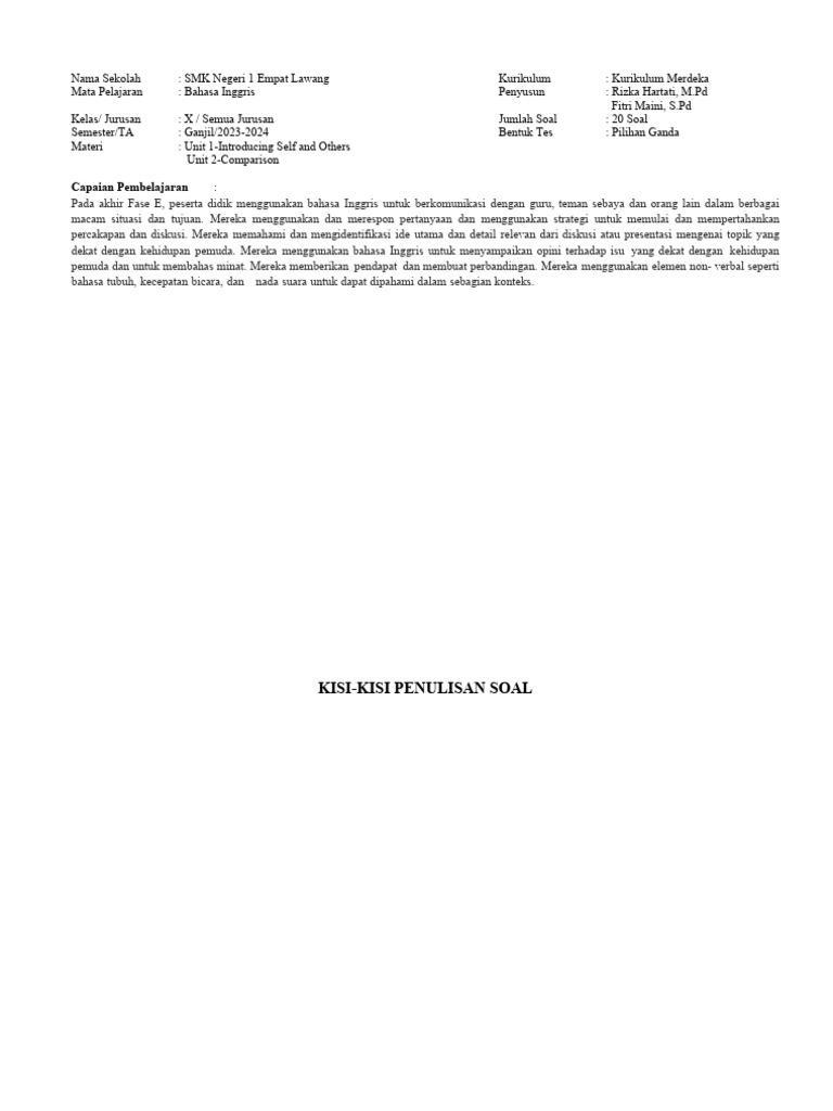 Uh B.ing X Unit 1&2 Kisi-Kisi Soal | PDF