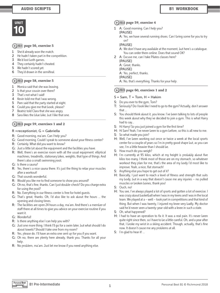 PB AmE B1 WB Audioscript U10 | PDF | Physical Exercise