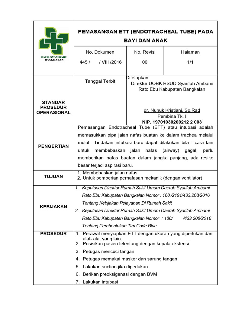 Spo Pemasangan Endotracheal Tube (Ett) Pada Bayi Dan Anak | PDF ...