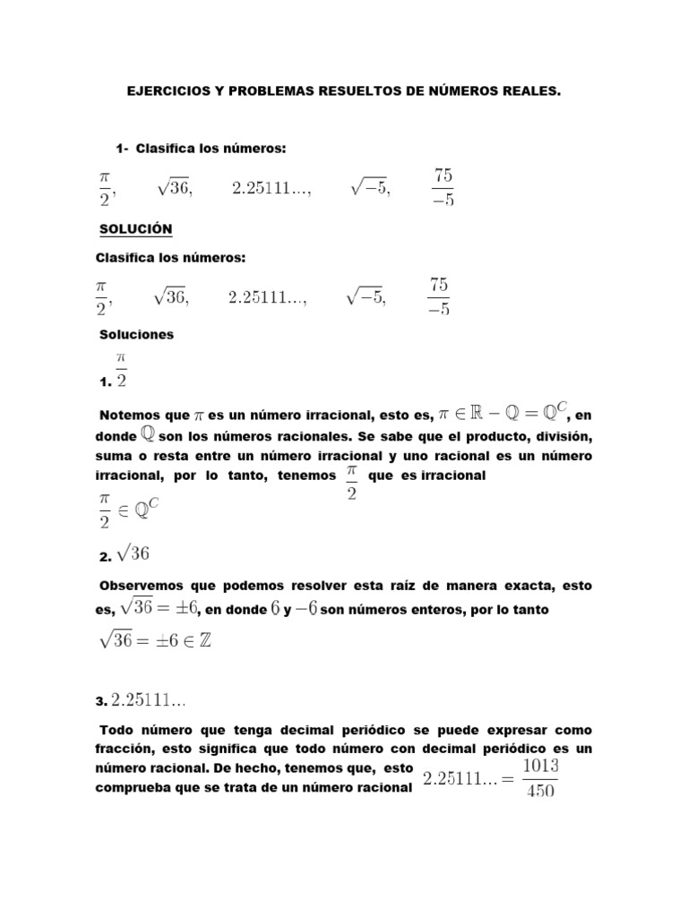 Ejercicios de Clasificación de Números Reales | PDF | Artes del ...