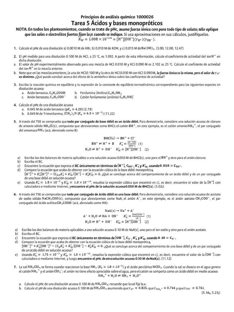 Tarea 5 Ácidos y bases monopróticos | PDF Tarea 5 Ácidos y bases monopróticos | PDF