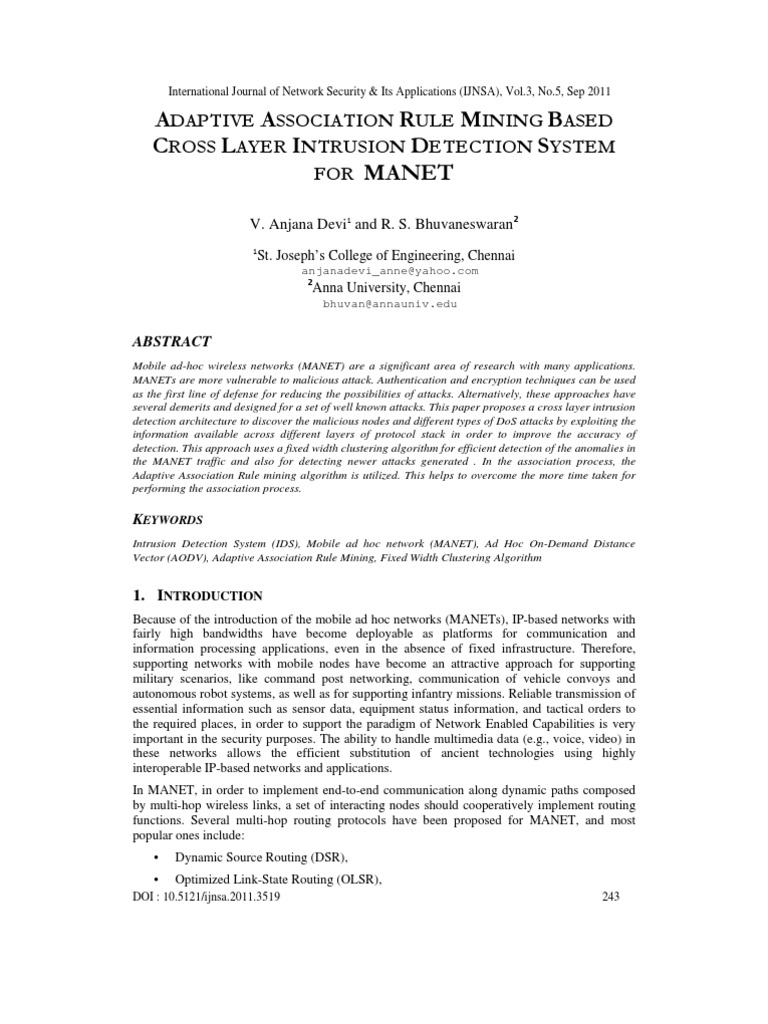 Adaptive Association Rule Mining Based Cross Layer Intrusion Detection