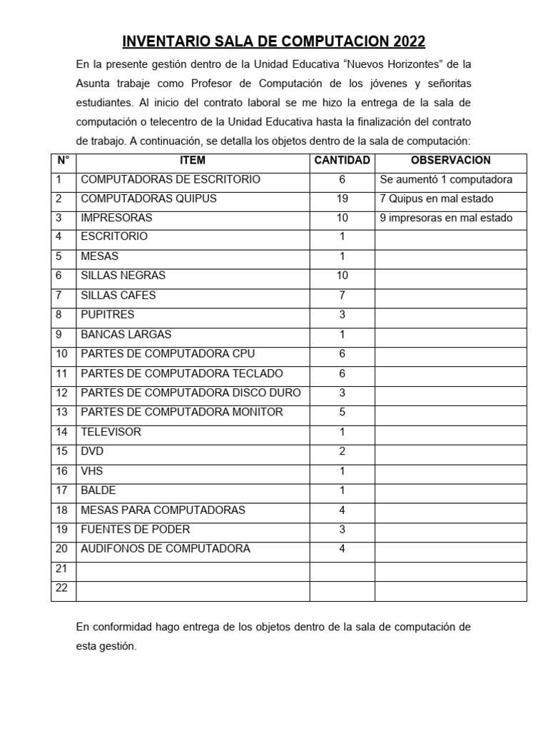 Inventario Sala de Computacion 2022 | PDF
