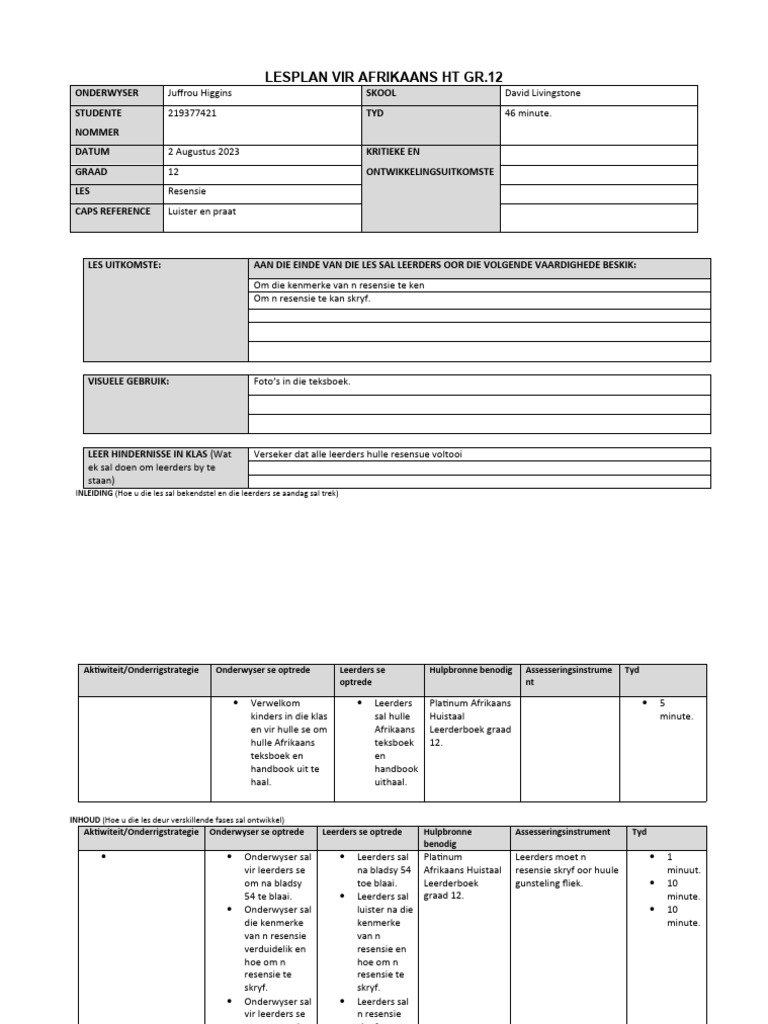Afrikaans Unassessed Lessons | PDF
