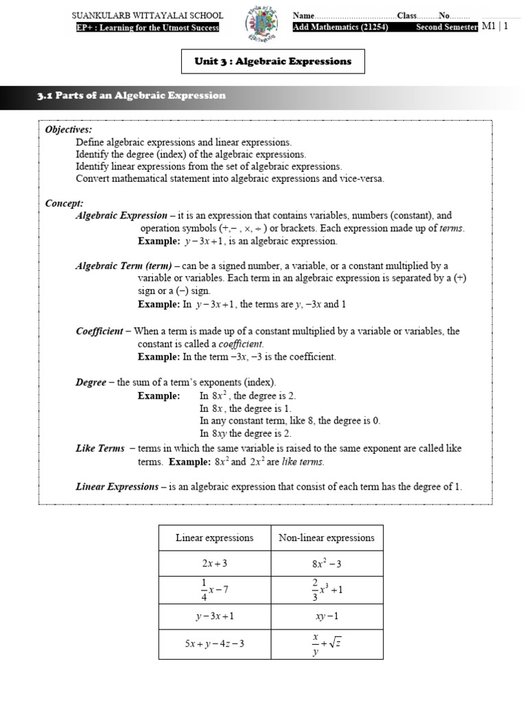 Operations on Algebraic Expressions | PDF