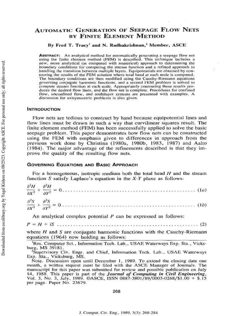 Tracy Radhakrishnan 1989 Automatic Generation Of Seepage Flow Nets By Finite Element Method