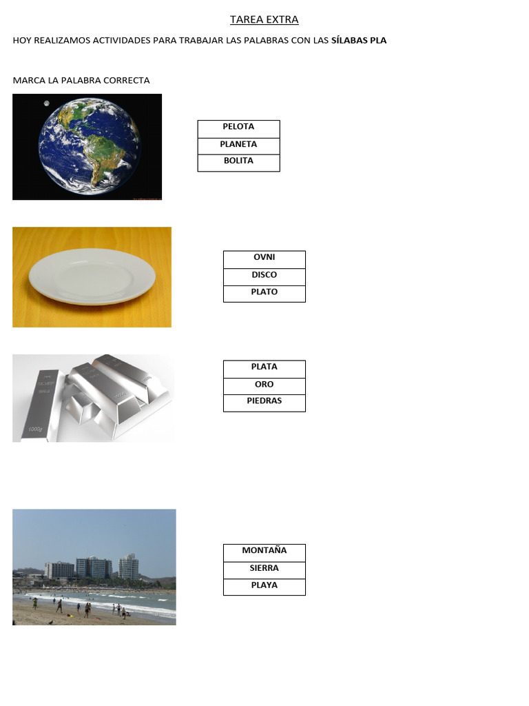 Actividades con sílabas pla, ple, pli, plo, plu | PDF