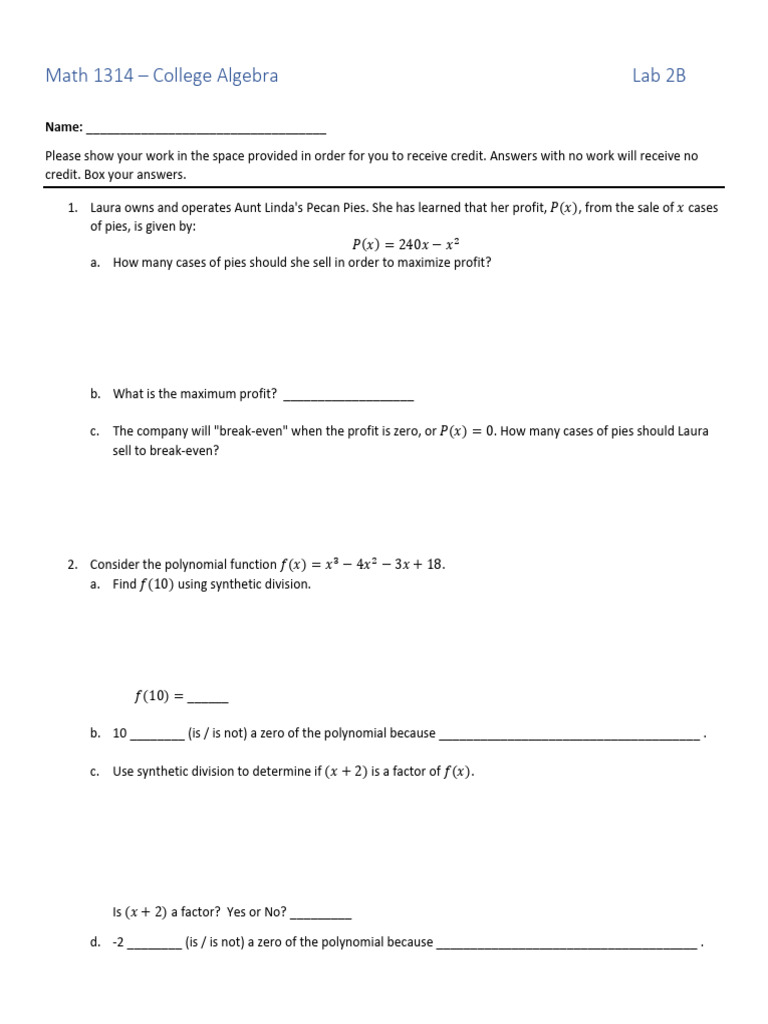 Math 1314 Lab 2B: Profit & Polynomials | PDF | Polynomial | Zero Of A ...