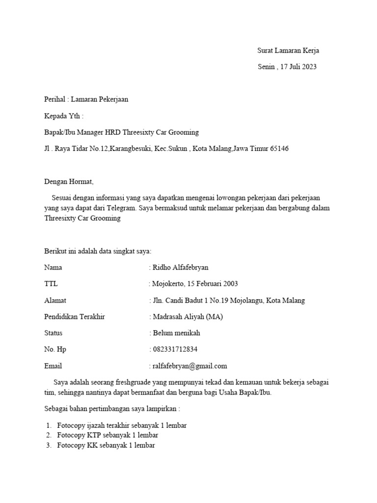 Surat Lamaran Kerja (Ridho) Threesixty Car Grooming,. | PDF