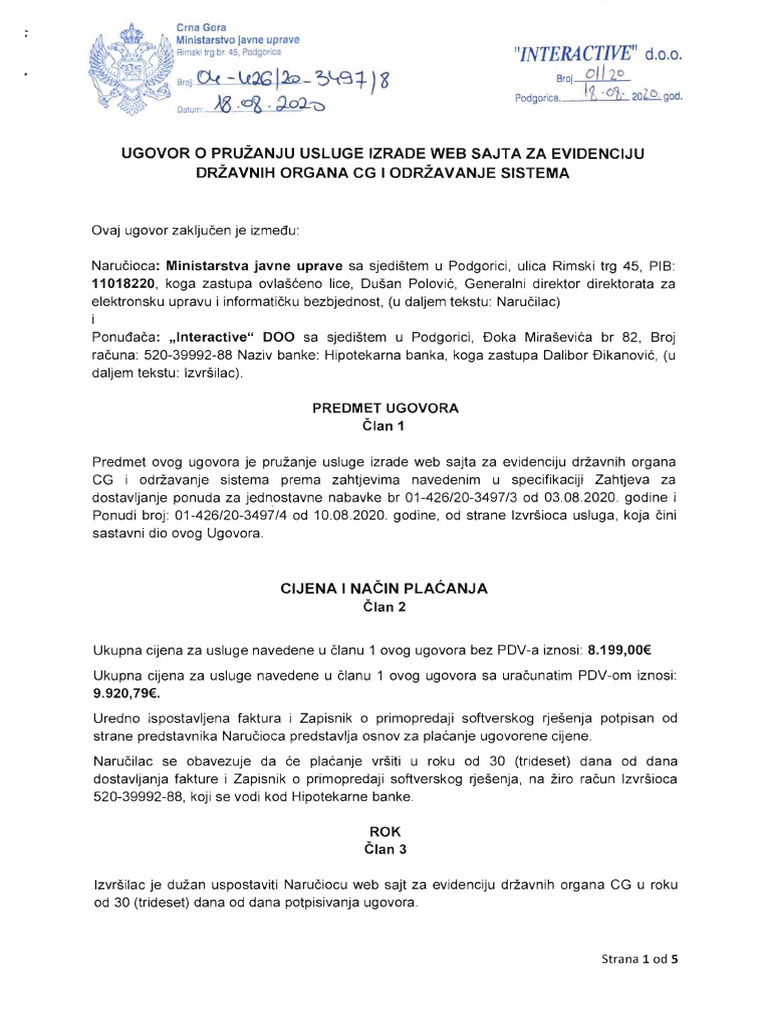 Ugovor Evidencija Državne 2020 | PDF