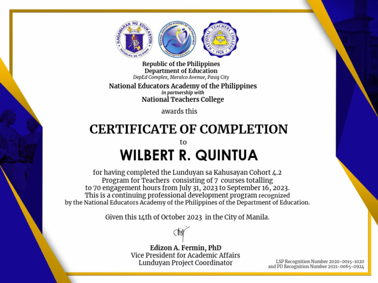 WILBERT R. QUINTUA Certificate | PDF | Wellness | Science & Mathematics
