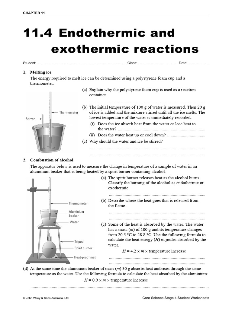 U4W7L4 - Science Worksheet 11.4 Endothermic and Exothermic Reactions | PDF
