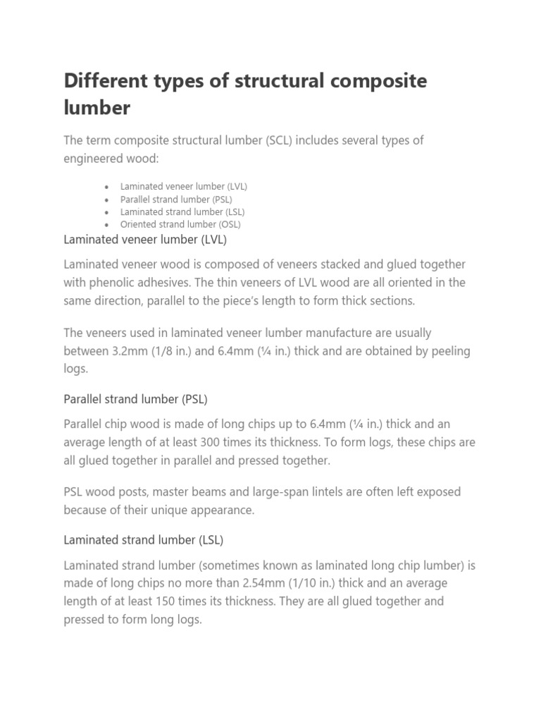 Different Types of Structural Composite Lumber | PDF | Home & Garden