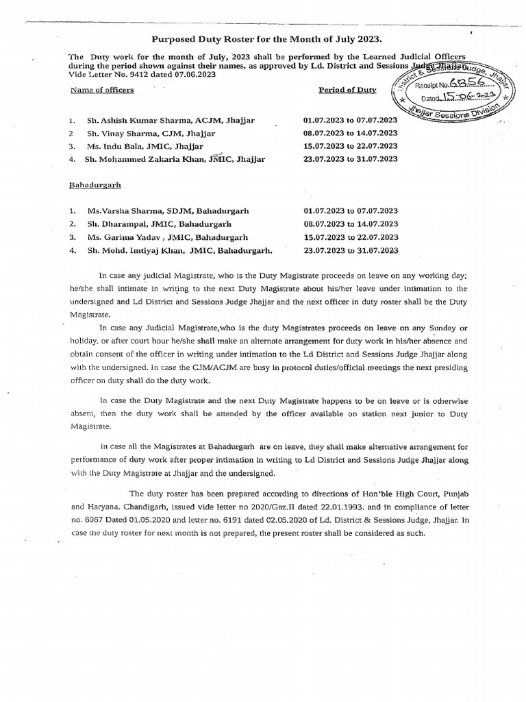 Duty Roster For The Month of July 2023 | PDF | Magistrate | Public Sphere