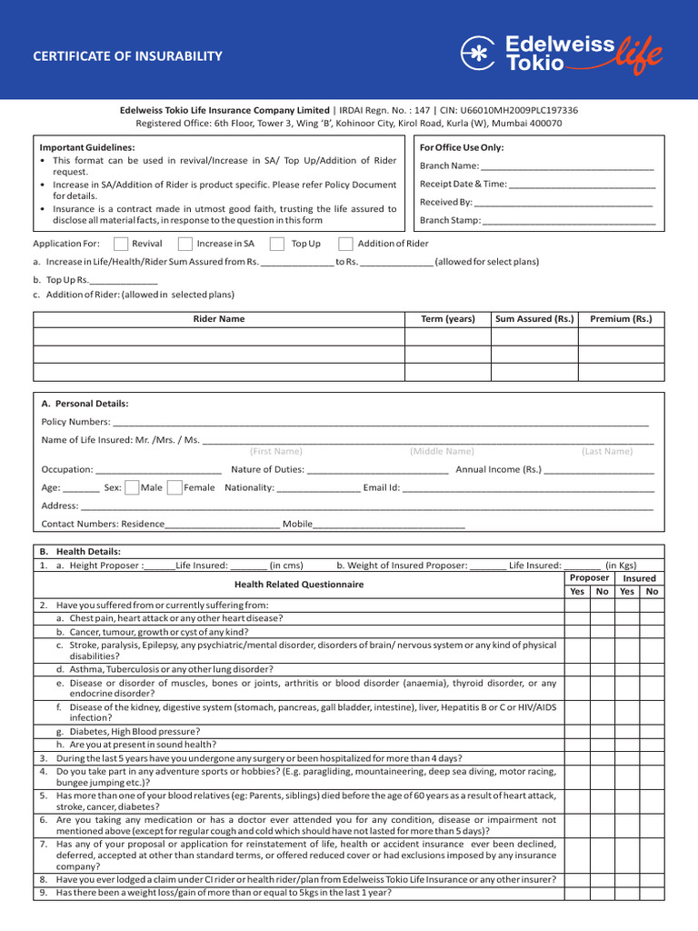 COI (Certificate of Insurability) | PDF | Cancer | Life Insurance