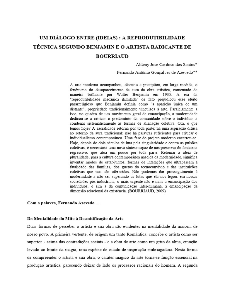 Reprodutibilidade da Arte: Benjamin e Bourriaud | PDF | Sociologia | Humano