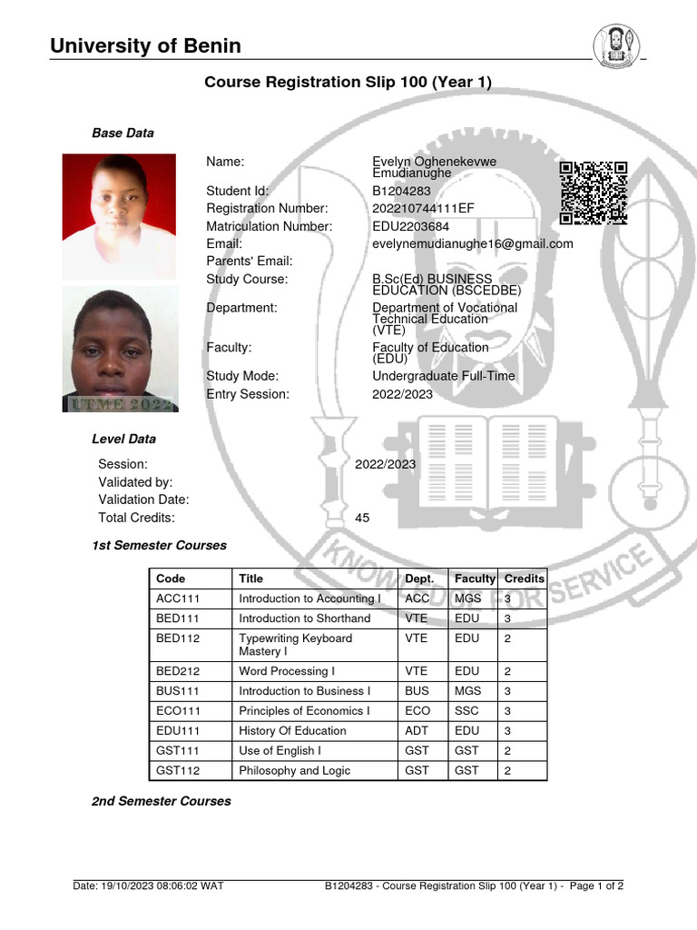 University of Benin Year 1 Course Slip | PDF