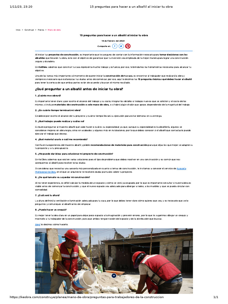 15 Preguntas para Hacer A Un Albañil Al Iniciar Tu Obra | PDF