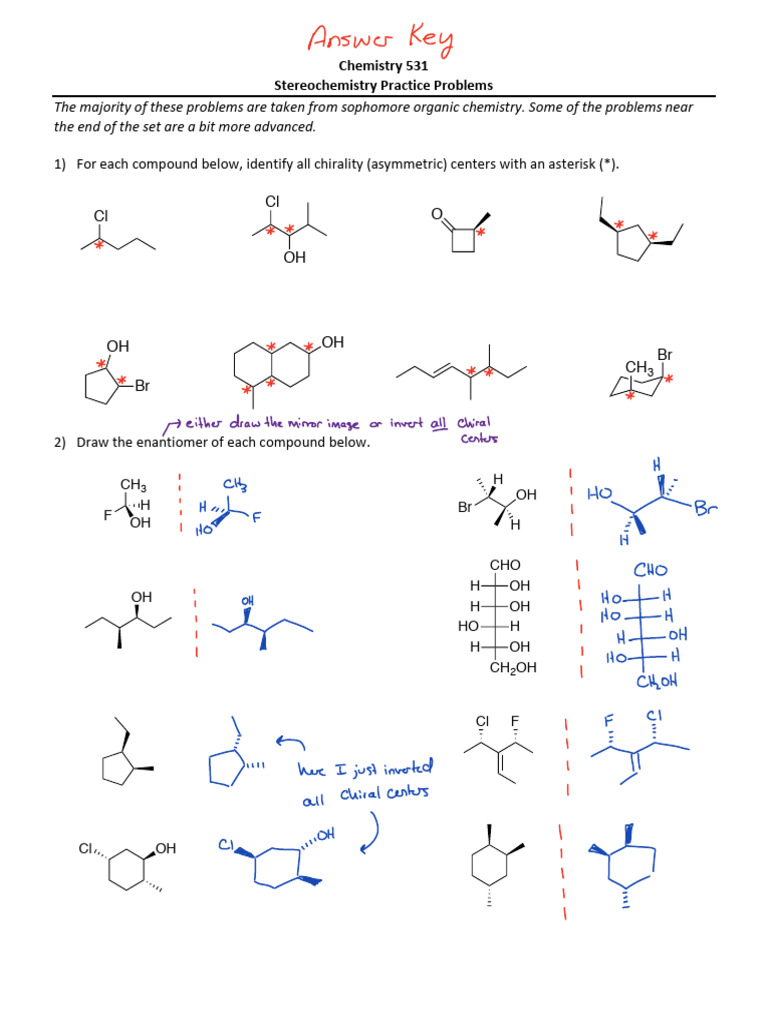 531 - Stereochem Practice Key | PDF | Chirality (Chemistry) | Space