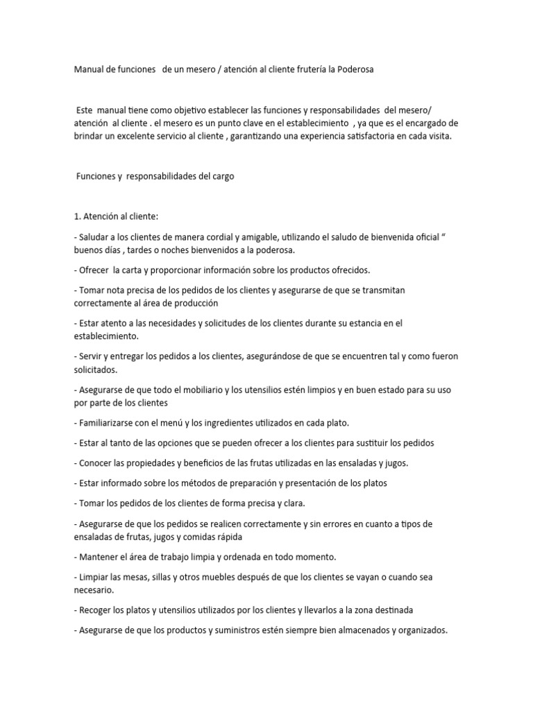 Manual de Funciones de Un Mesero | PDF | Servicio al Cliente | Camareros