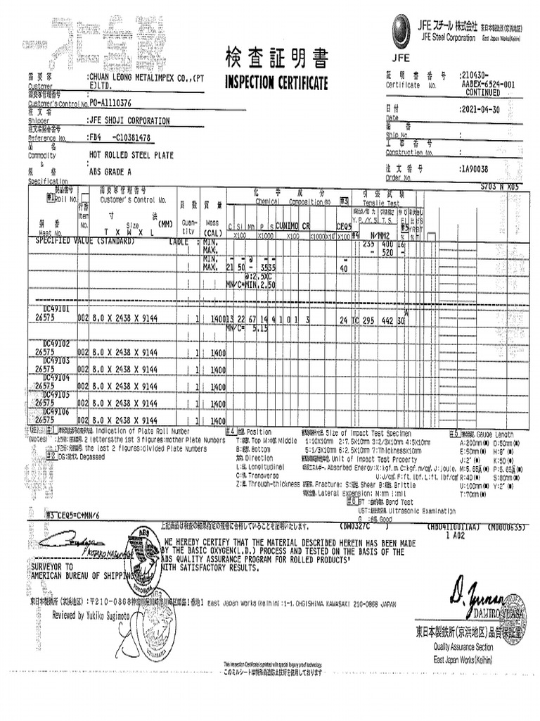 Mill Certificate Plate 8 MM - PT. Chuan Leong (Project TK 270) | PDF